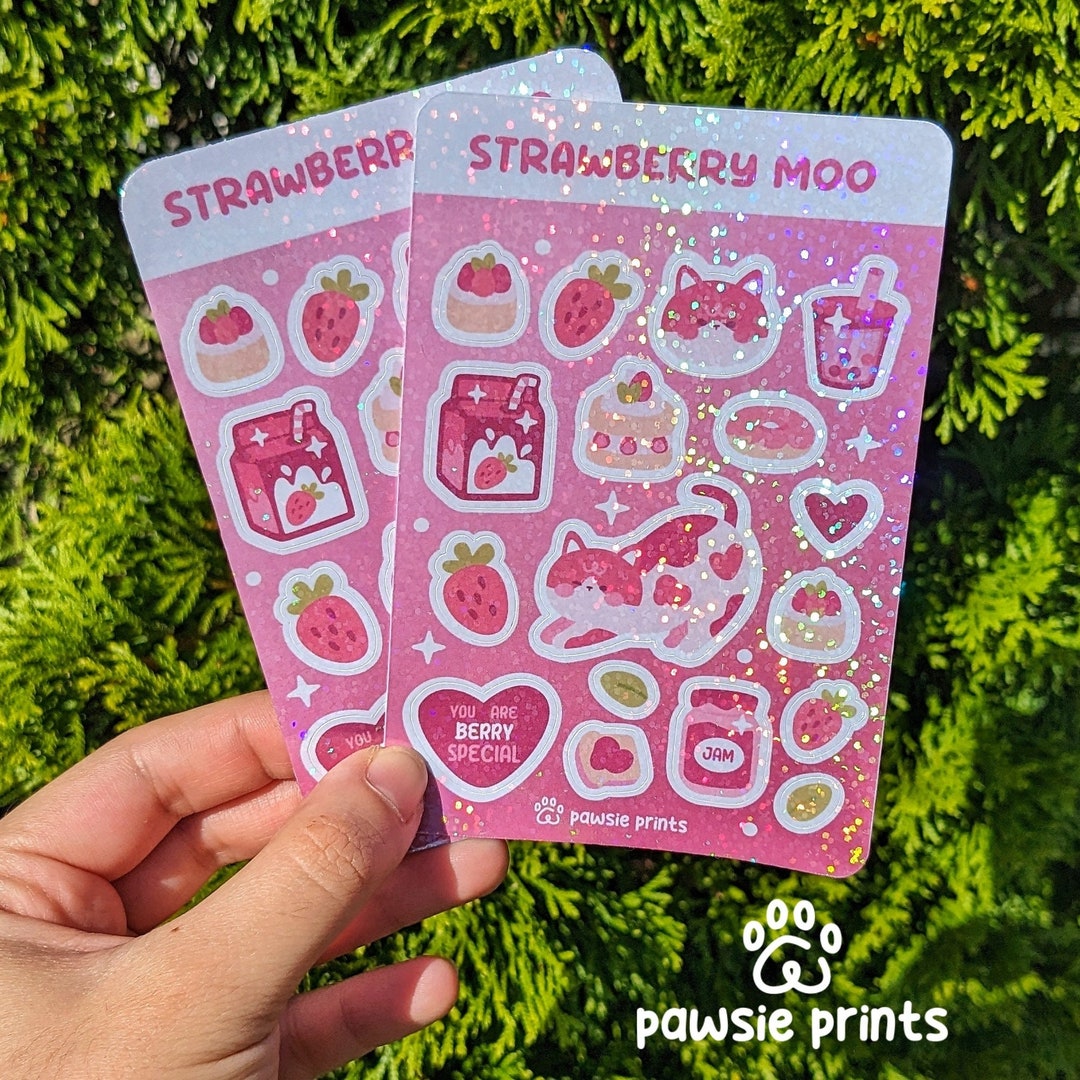 Strawberry Moo Holographic Sticker Sheet - Etsy