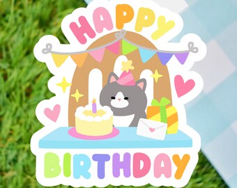Happy Birthday Cat Kiss-cut Sticker - Etsy