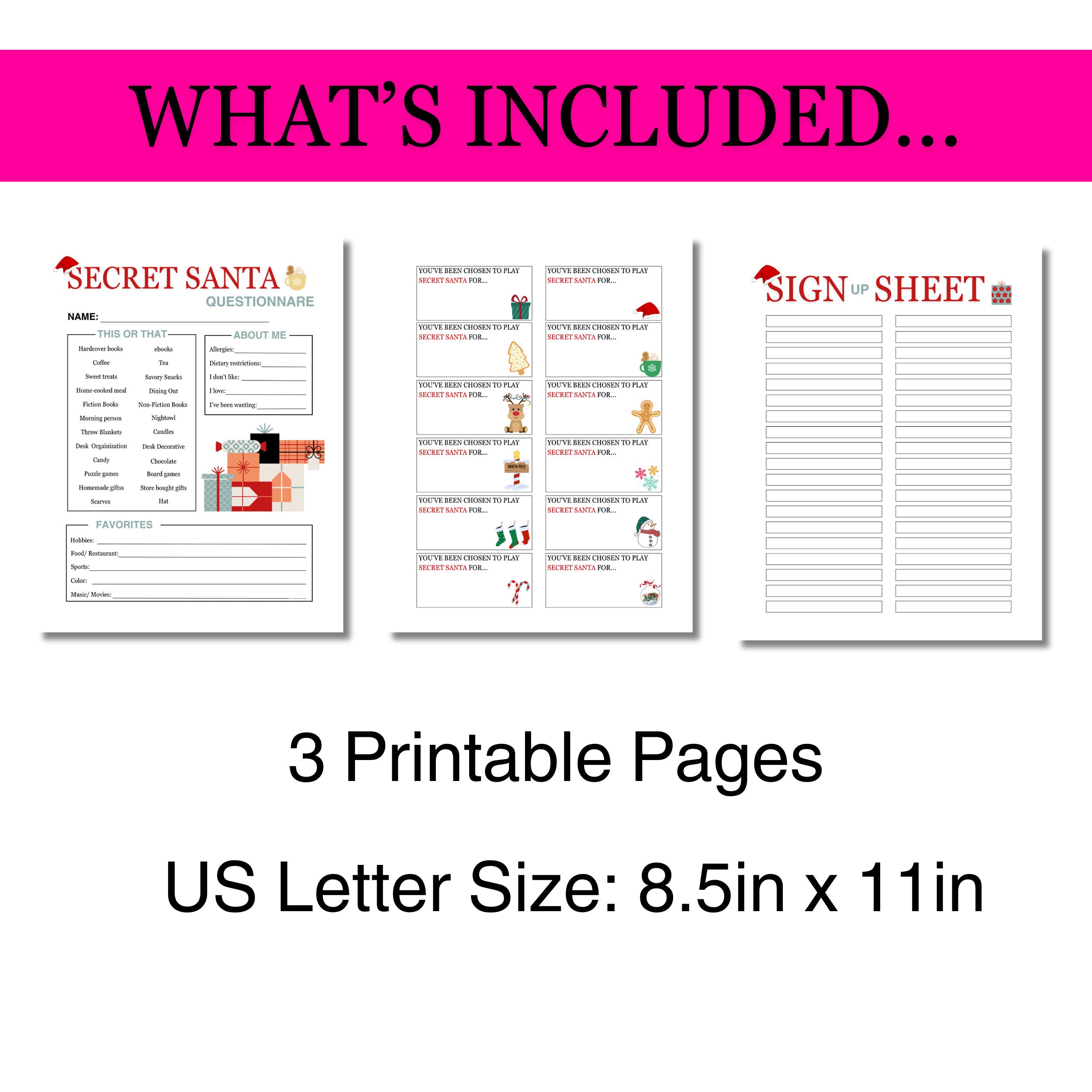 Printable Secret Santa Questionnaire, Sign-up, and Name Cards (digital ...