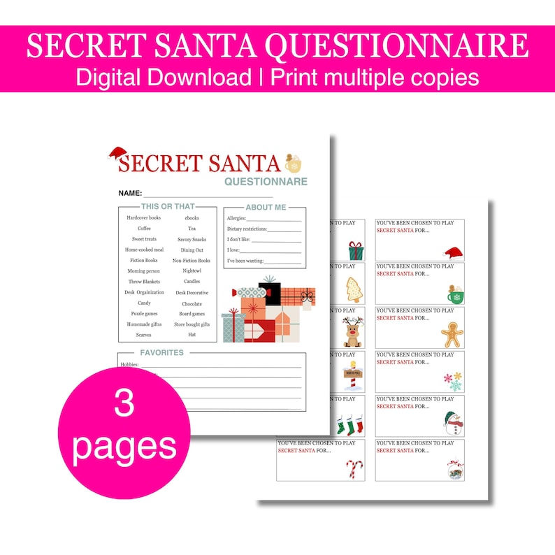 Printable Secret Santa Questionnaire, Sign-up, and Name Cards (digital ...