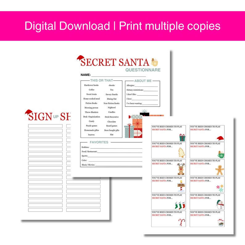 Printable Secret Santa Questionnaire, Sign-up, and Name Cards (digital ...