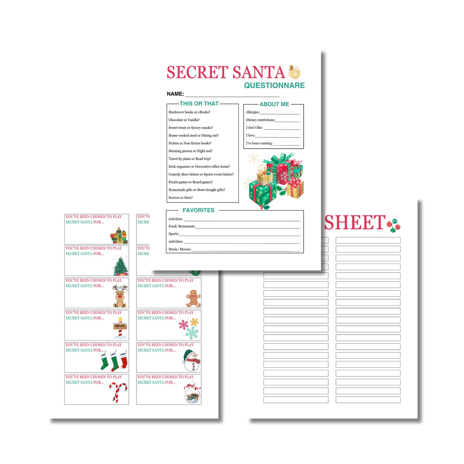 Printable Secret Santa Questionnaire, Sign-up, and Name Cards (digital ...