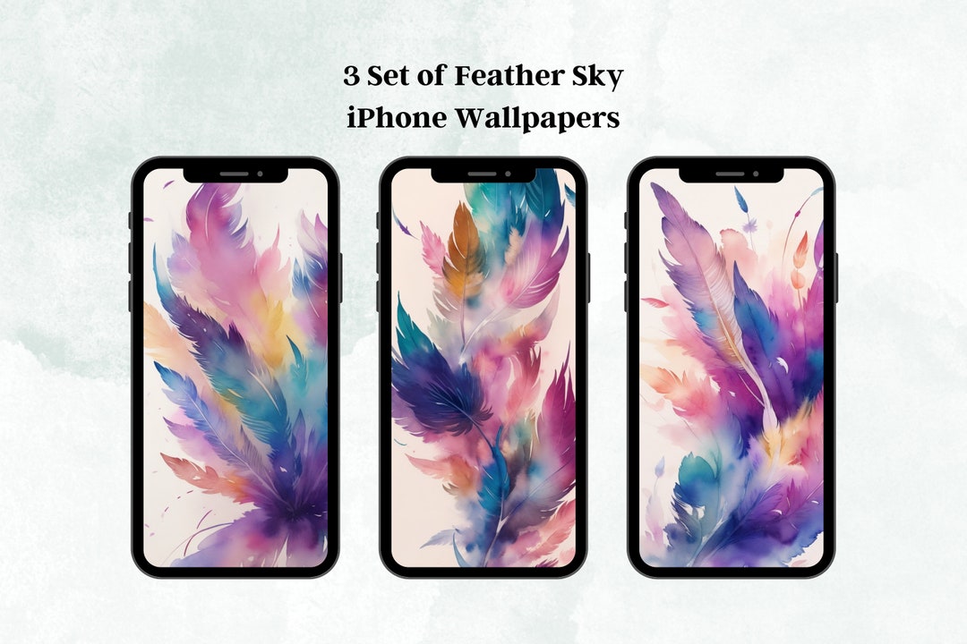 3 Set of Feather Sky iPhone Wallpapers, Watercolor Style, Digital ...