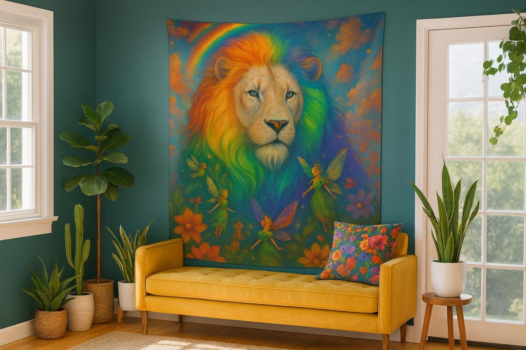 Rainbow Lion Tapestry | Indoor Wall Tapestry, Fantasy Floral Lion Wall ...