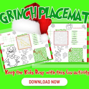 Grinch Activity Placemat | 11x8.5 Printable | Christmas Holiday ...