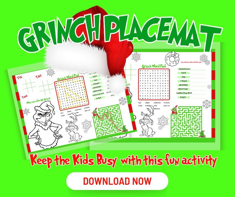 Grinch Activity Placemat | 11x8.5 Printable | Christmas Holiday ...