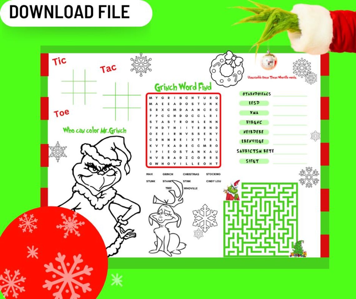 Grinch Activity Placemat | 11x8.5 Printable | Christmas Holiday ...