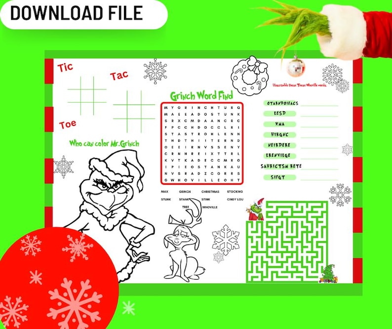 Grinch Activity Placemat | 11x8.5 Printable | Christmas Holiday ...
