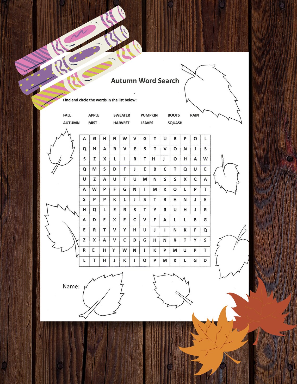 Autumn Fall Word Search, Kids Activity, Coloring Sheet, Printable ...