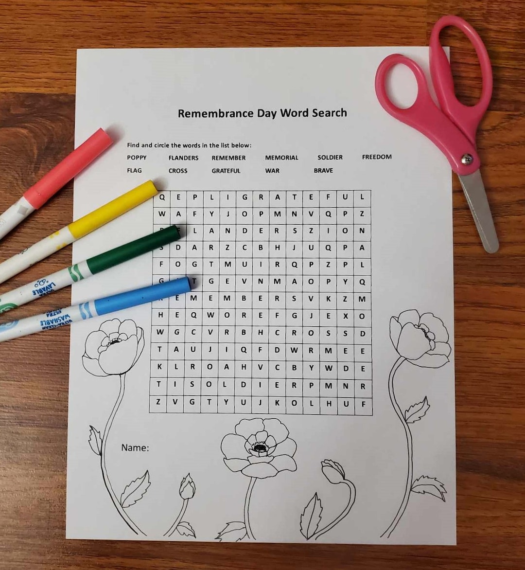 Remembrance Day Word Search Kids Activity Coloring Sheet - Etsy