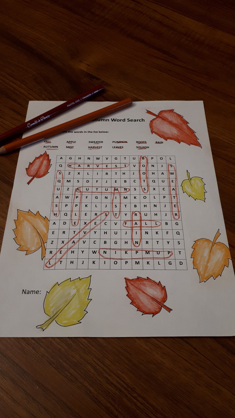 Autumn Fall Word Search, Kids Activity, Coloring Sheet, Printable ...