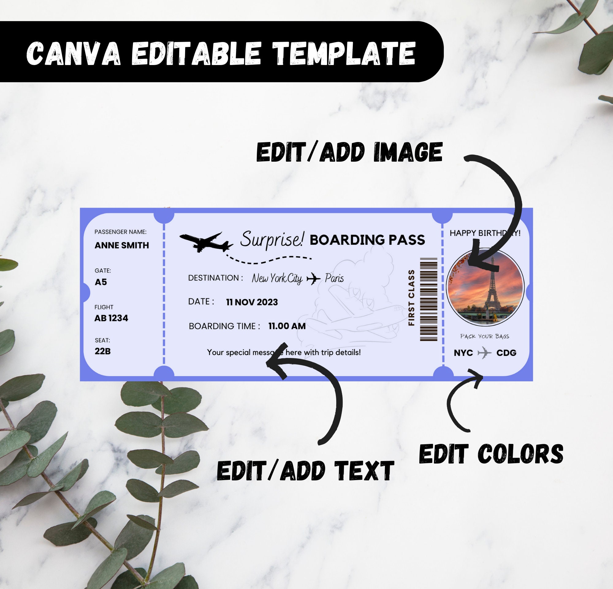 Downloadable Airline Ticket Surprise Air Ticket DIY Canva Boarding Pass ...