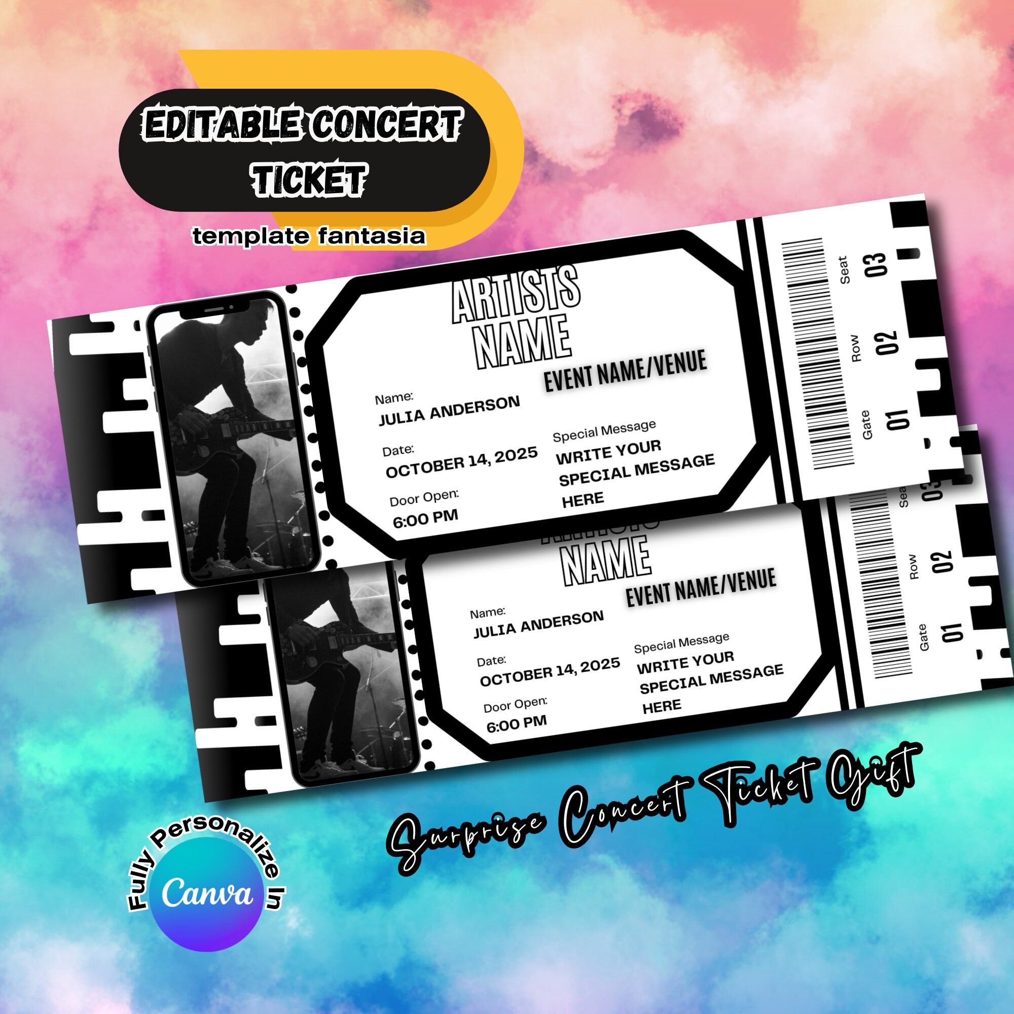 Custom Concert Ticket Template Gift, Personalised Fake DIY Surprise Gig ...
