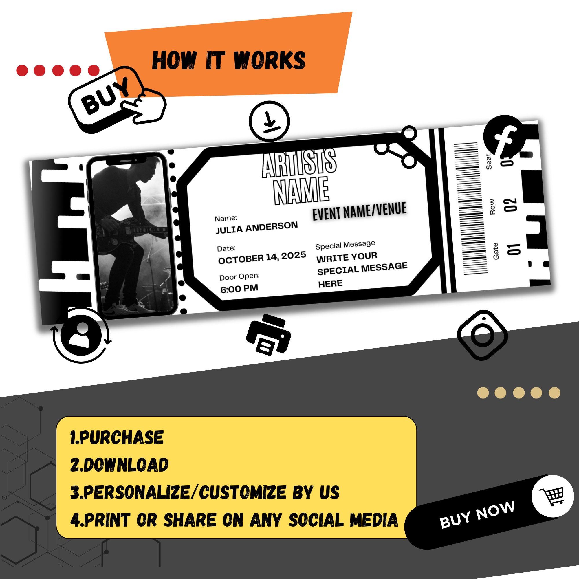 Custom Concert Ticket Template Gift, Personalised Fake DIY Surprise Gig ...