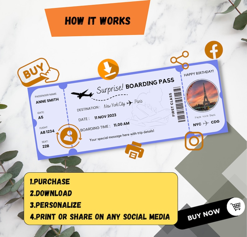 Airline Ticket Canva, Fake Plane Ticket, Surprise Flight, Travel Ticket ...