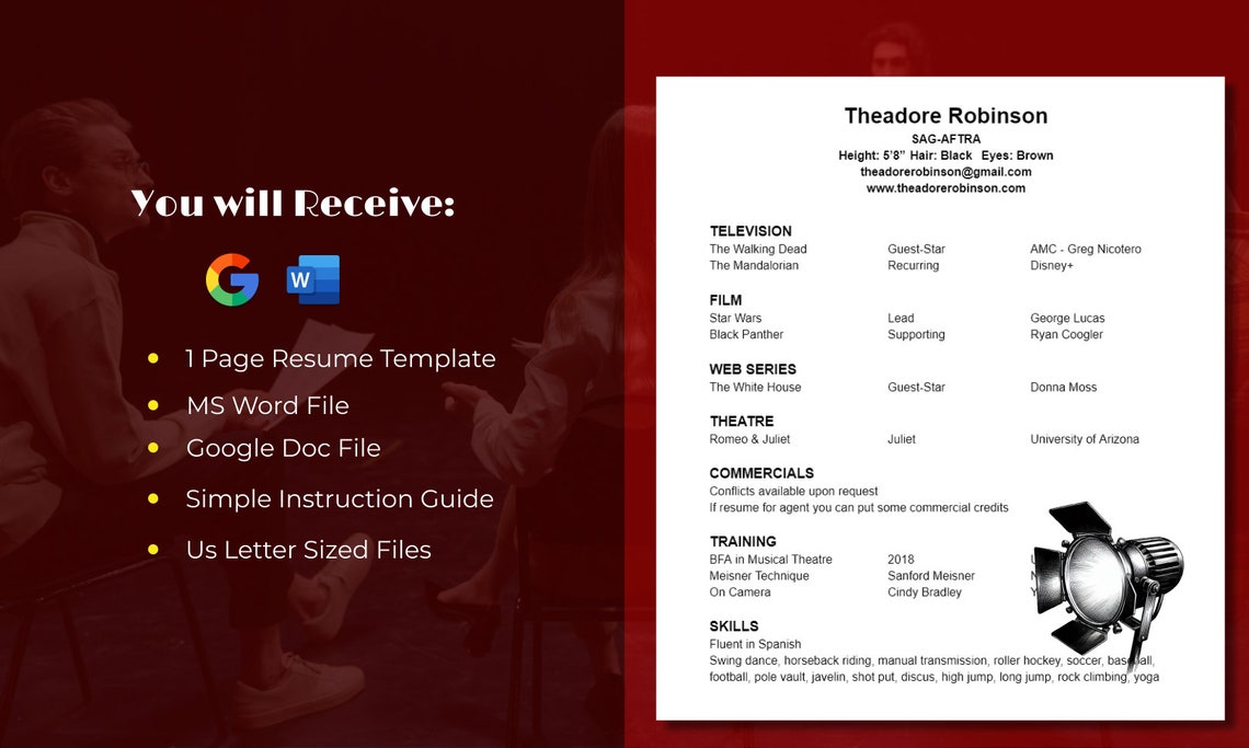 Actor Resume Template: Professional Theatrical Performer Resume - Etsy
