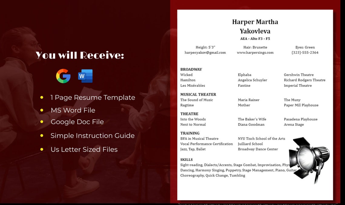 Musical Theater Resume Template: Professional Performer Resume - Etsy