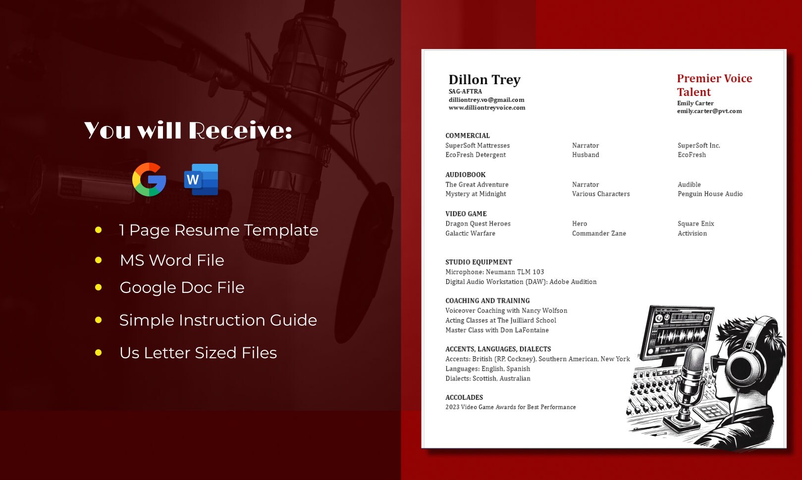 Voice Actor Resume Template: Professional Performer Resume - Etsy