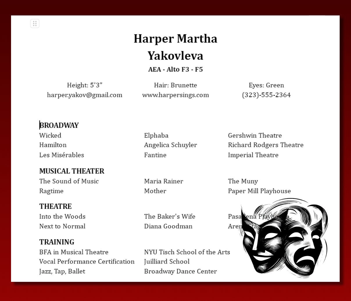 Musical Theater Resume Template: Professional Performer Resume - Etsy
