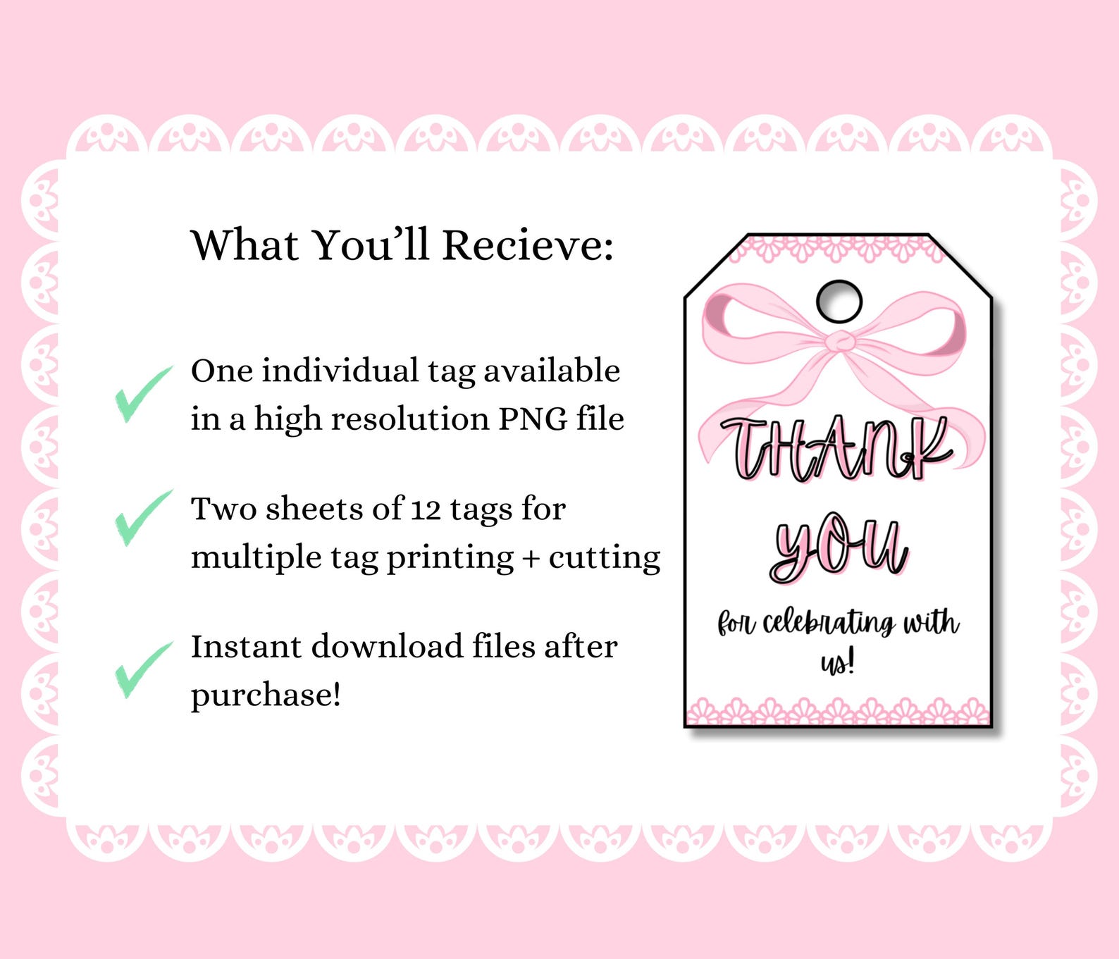 Pink Bow Thank You Tag Template, Coquette Thank You Tags Template ...