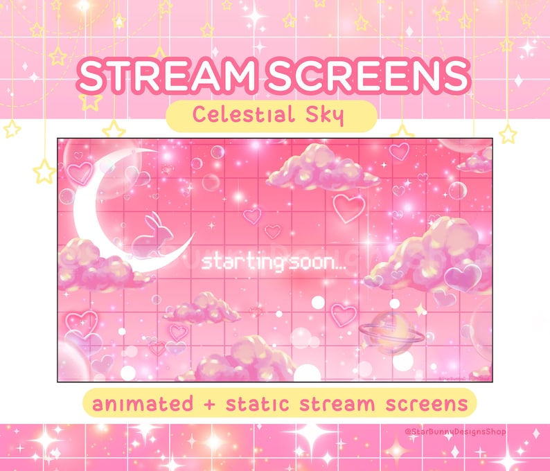 Pink Celestial Sky Animated Stream Screens, Kawaii Twitch Starting Soon ...
