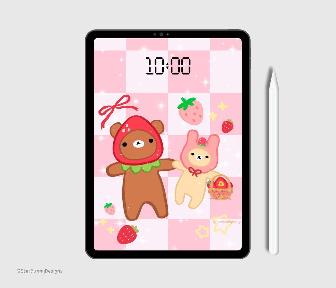 Strawberry Bears Tablet Wallpaper, Kawaii iPad Wallpapers, Cute Bear ...