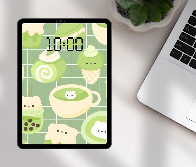 Kawaii Matcha iPad Tablet Wallpaper, Kawaii Tablet Wallpaper, Kawaii Tablet Background, Cute ...