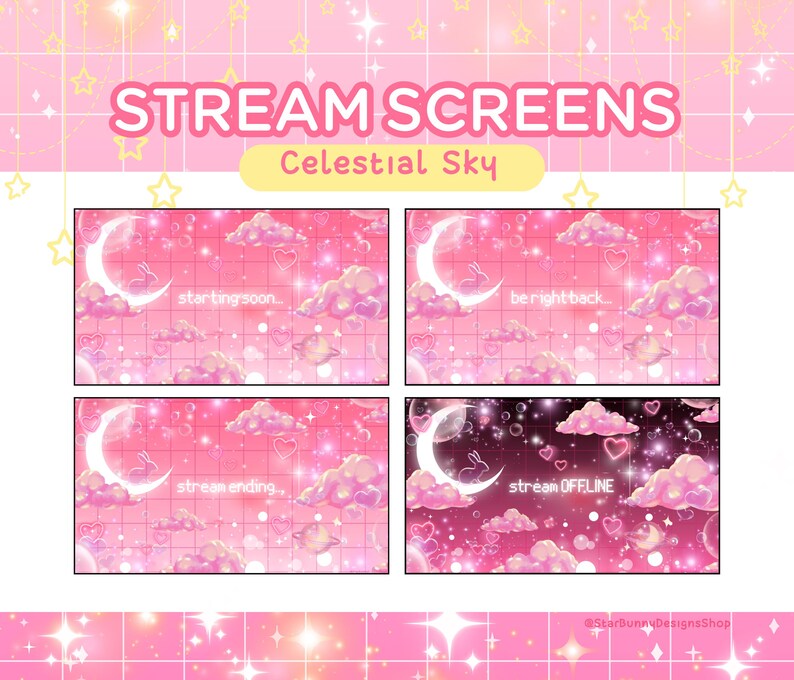 Pink Celestial Sky Animated Stream Screens, Kawaii Twitch Starting Soon ...