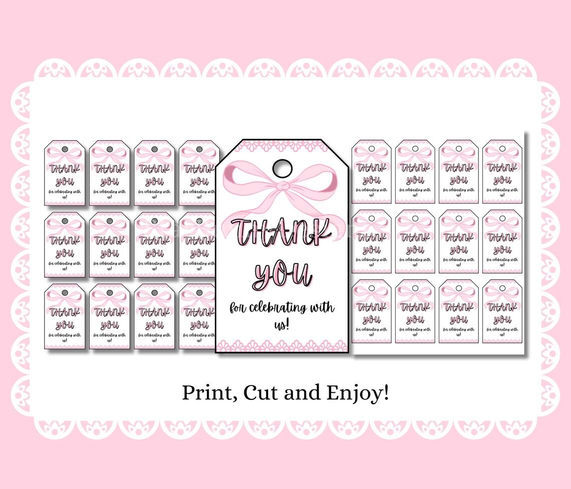 Pink Bow Thank You Tag Template, Coquette Thank You Tags Template ...