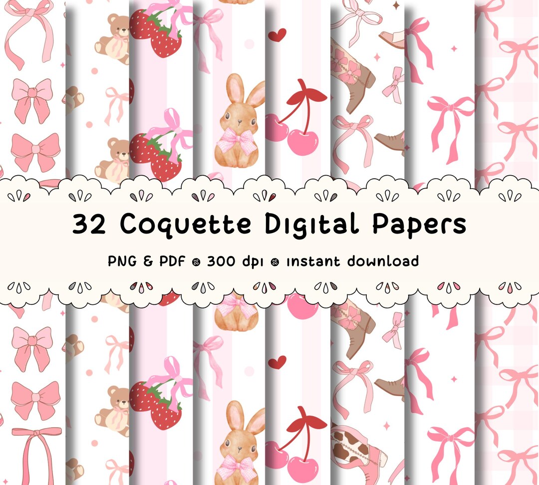 32 Coquette Bows Digital Papers, Pink Digital Seamless Patterns, Pink ...