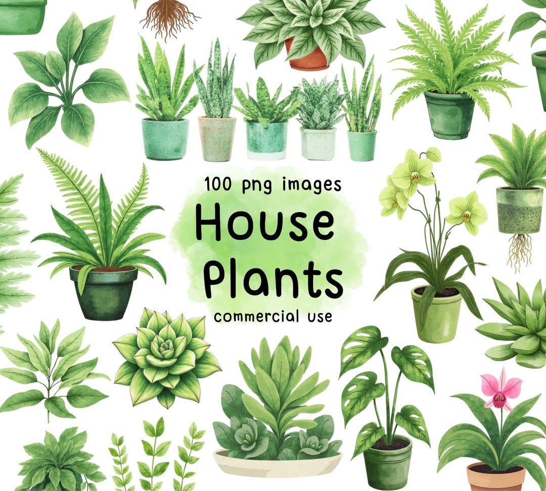 100 House Plants Clipart, Watercolor Plants Clip Art for Commercial Use ...