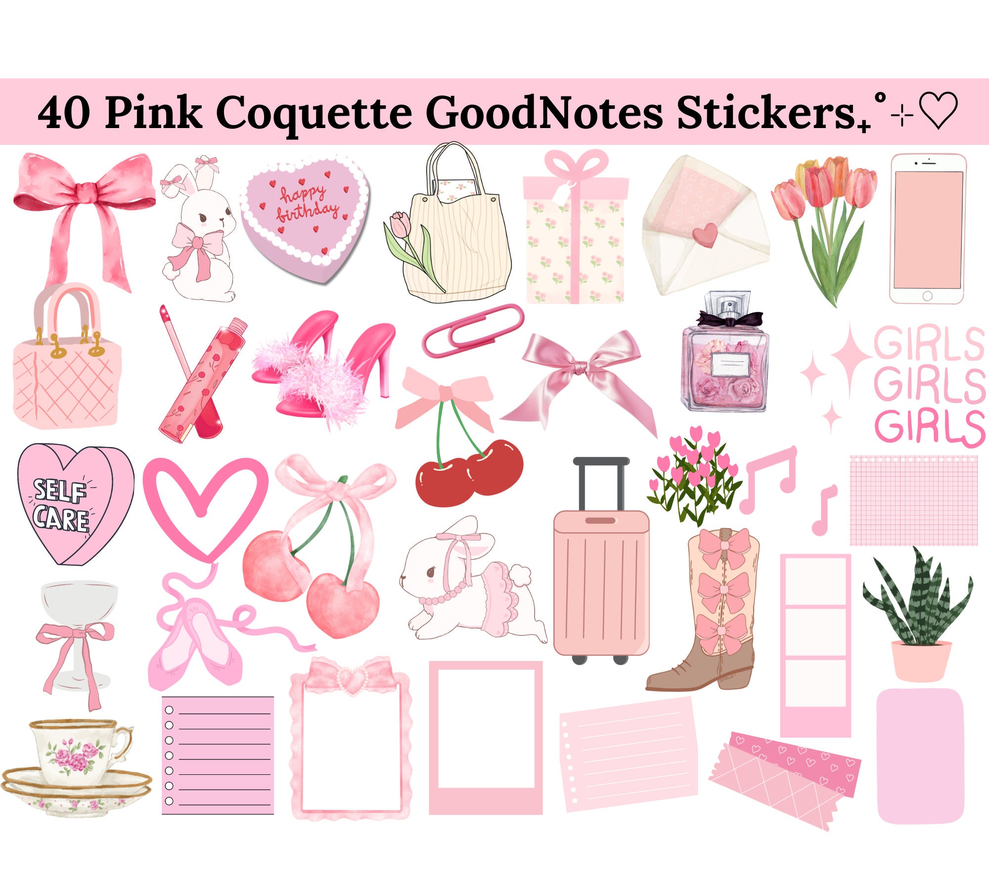 40 Pink Coquette Goodnotes Stickers, Goodnotes Pre Cropped Sticker ...