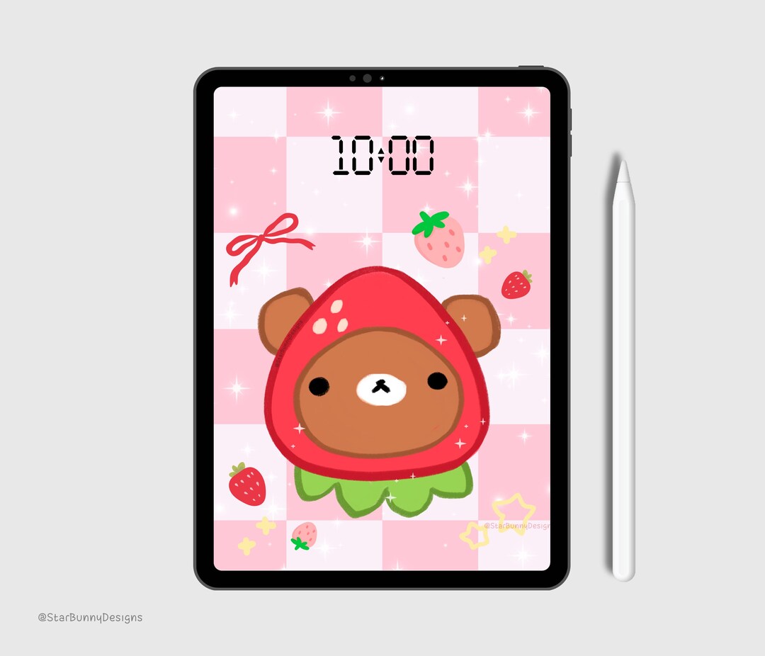 Strawberry Bear Tablet Wallpaper, Kawaii iPad Wallpapers, Cute Bear ...