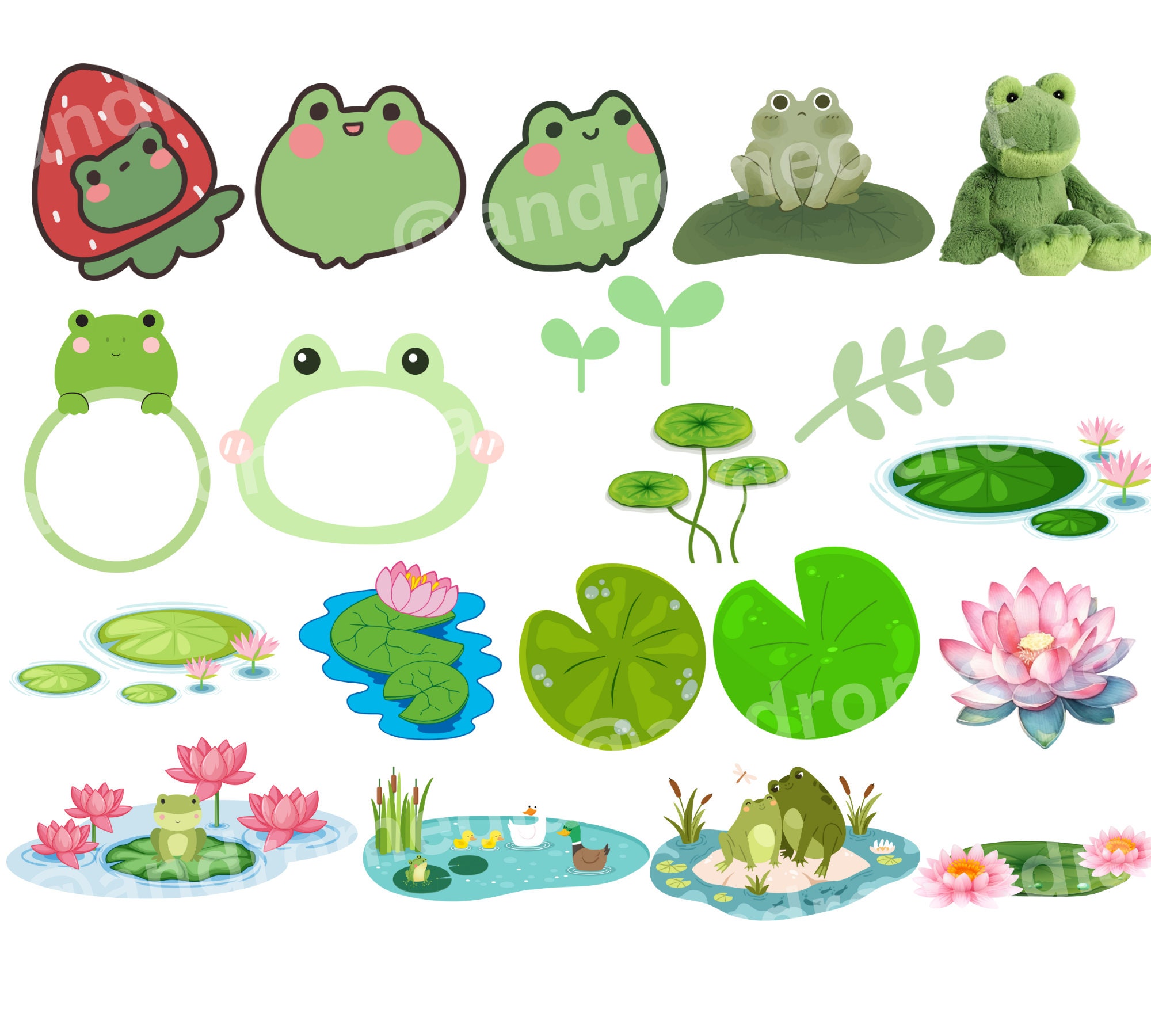 40 Kawaii Frog Clip Art Graphics Set Bundle, Cute Frog High Resolution ...