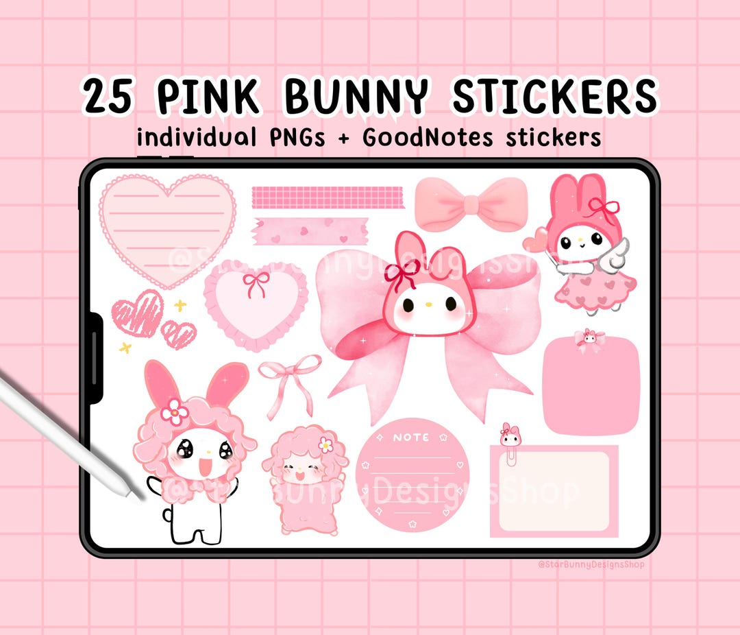 25 Pink Bunny Digital Stickers, Kawaii Pink Goodnotes Stickers, Digital ...