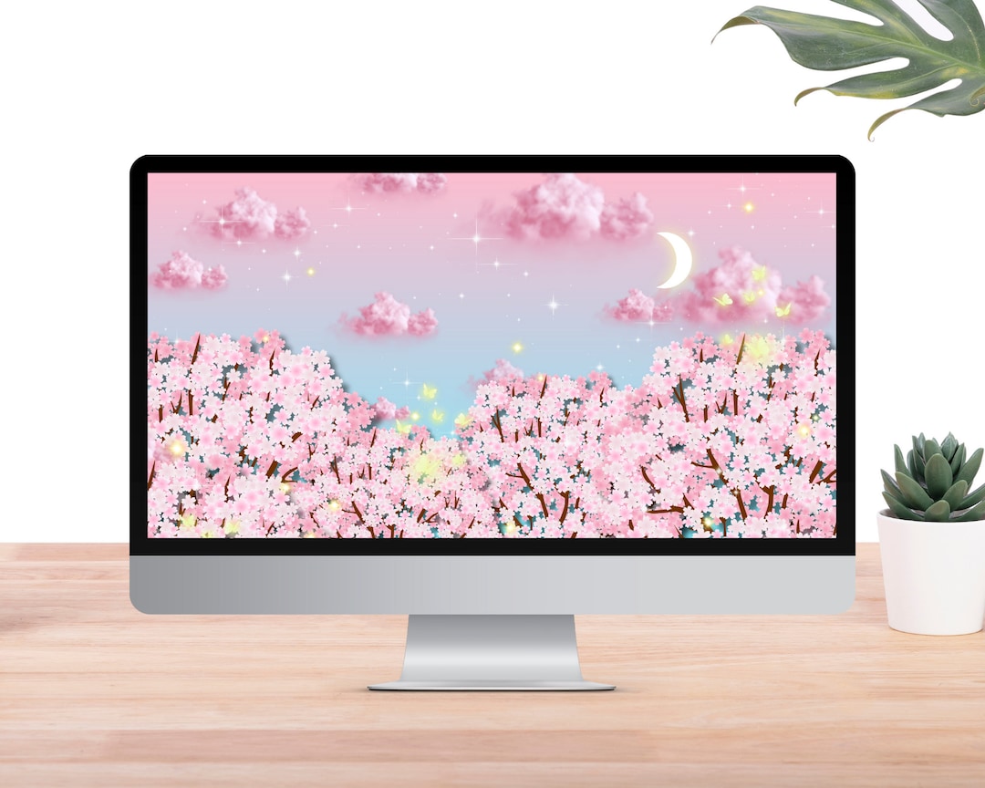 Kawaii Cherry Blossoms and Pastel Sky Desktop Wallpaper Compatible With ...