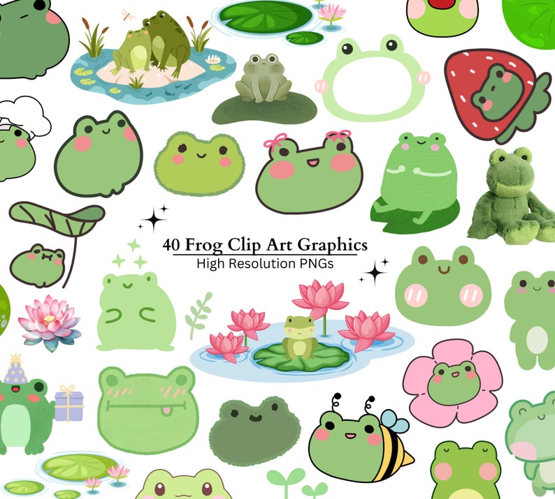 40 Kawaii Frog Clip Art Graphics Set Bundle, Cute Frog High Resolution ...