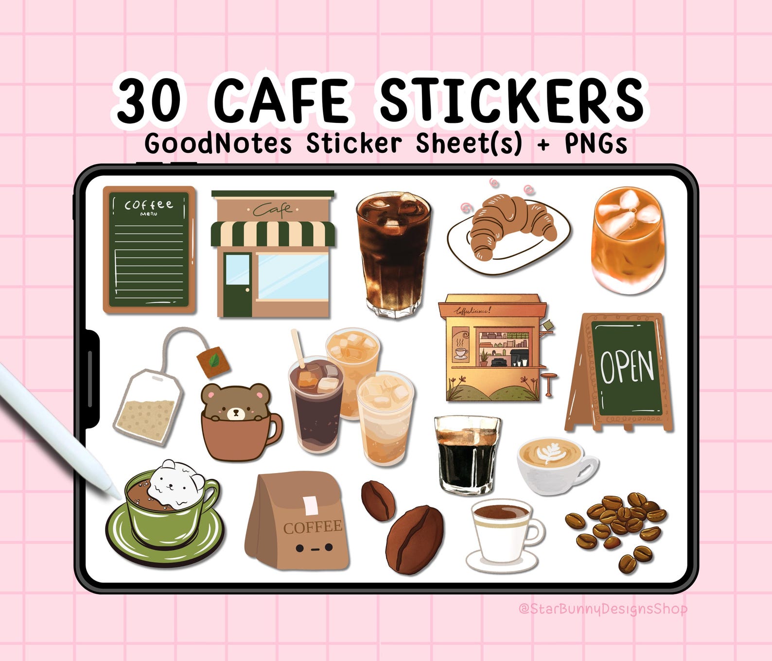 30 Kawaii Cafe Stickers: Coffee & Bakery Goodnotes Stickers (digital ...
