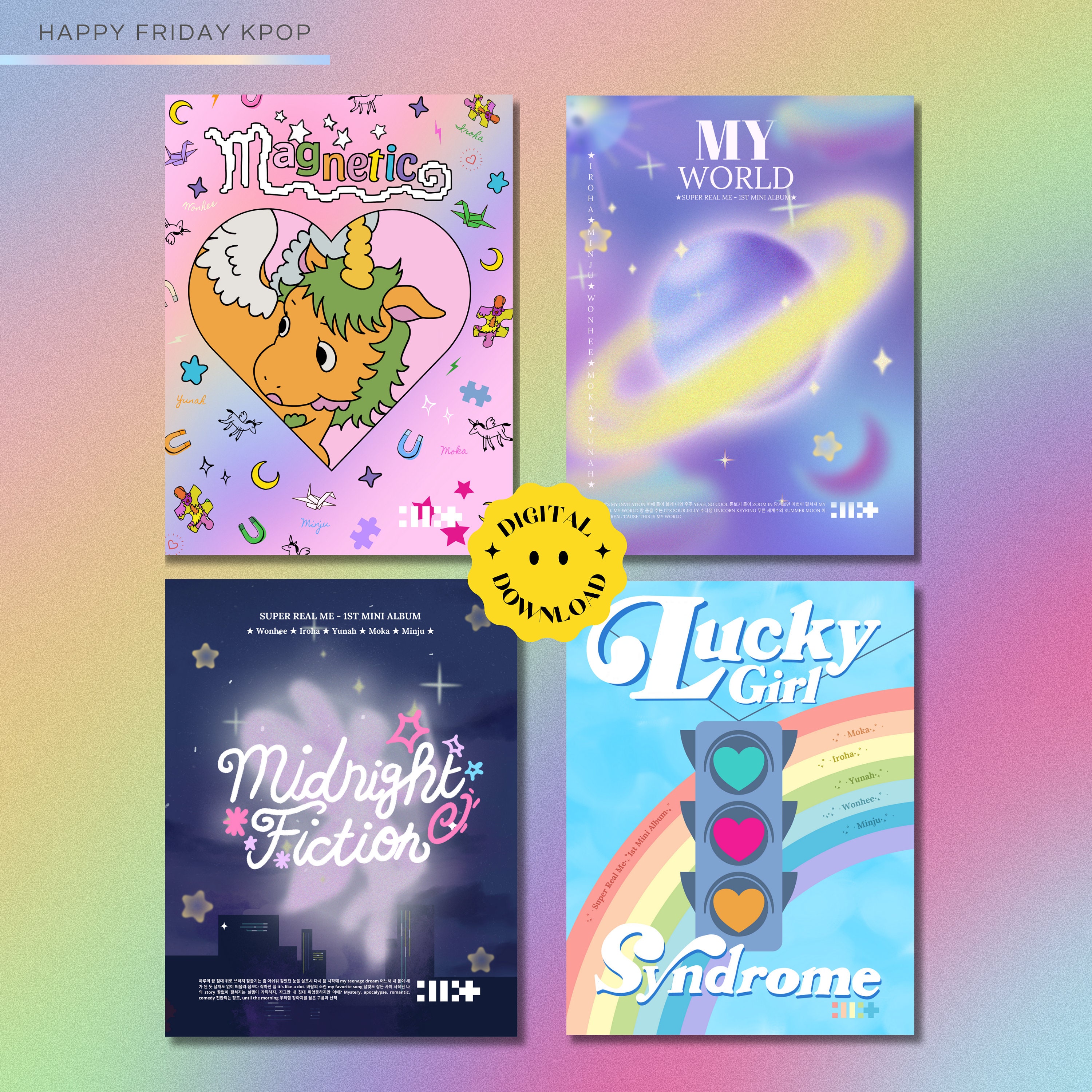 Illit Super Real Me Poster Package Magnetic, Lucky Girl Syndrome, My World, Midnight Fiction ...