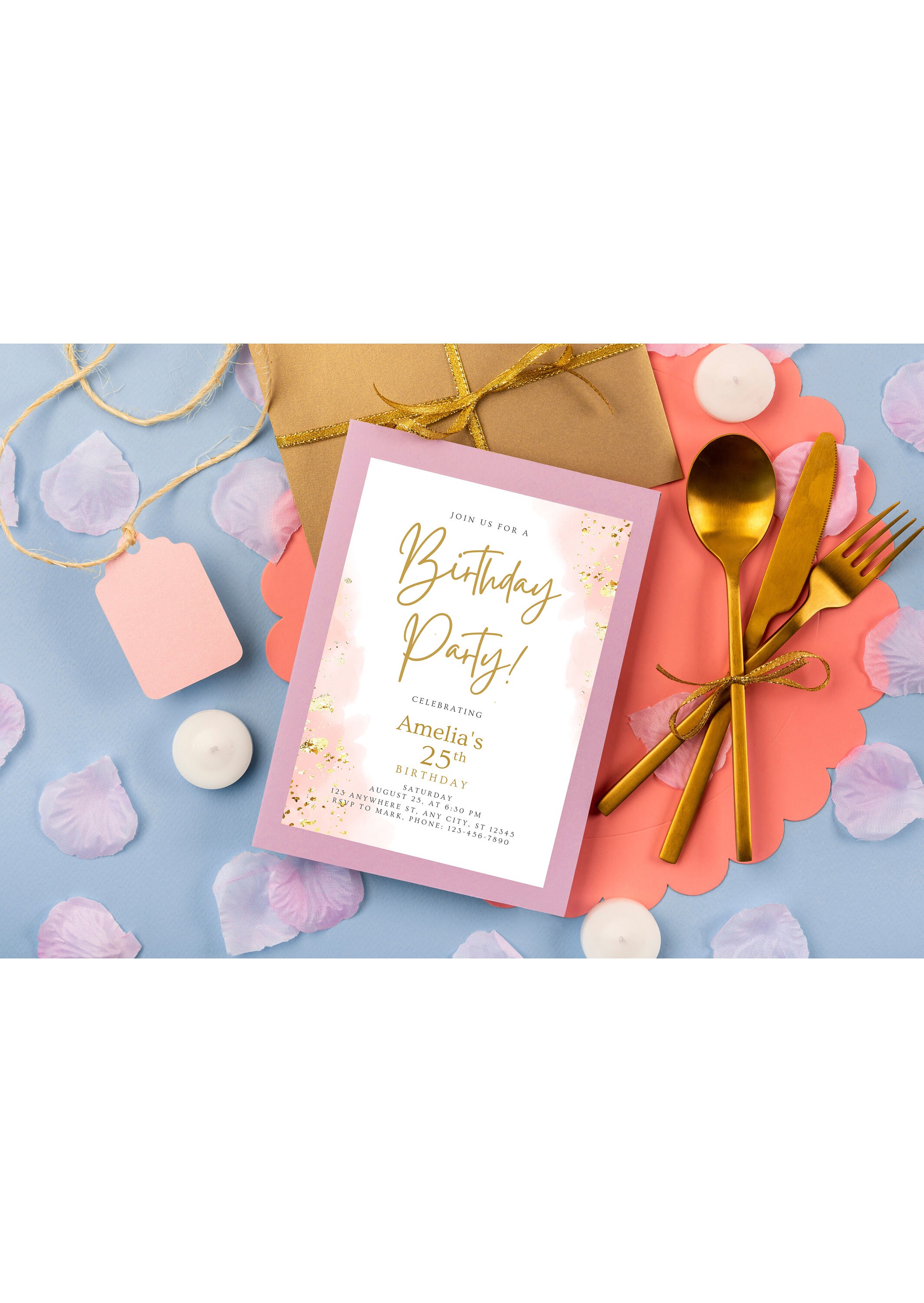 Pink Gold Trendy Birthday Invitation Printable, Editable and ...