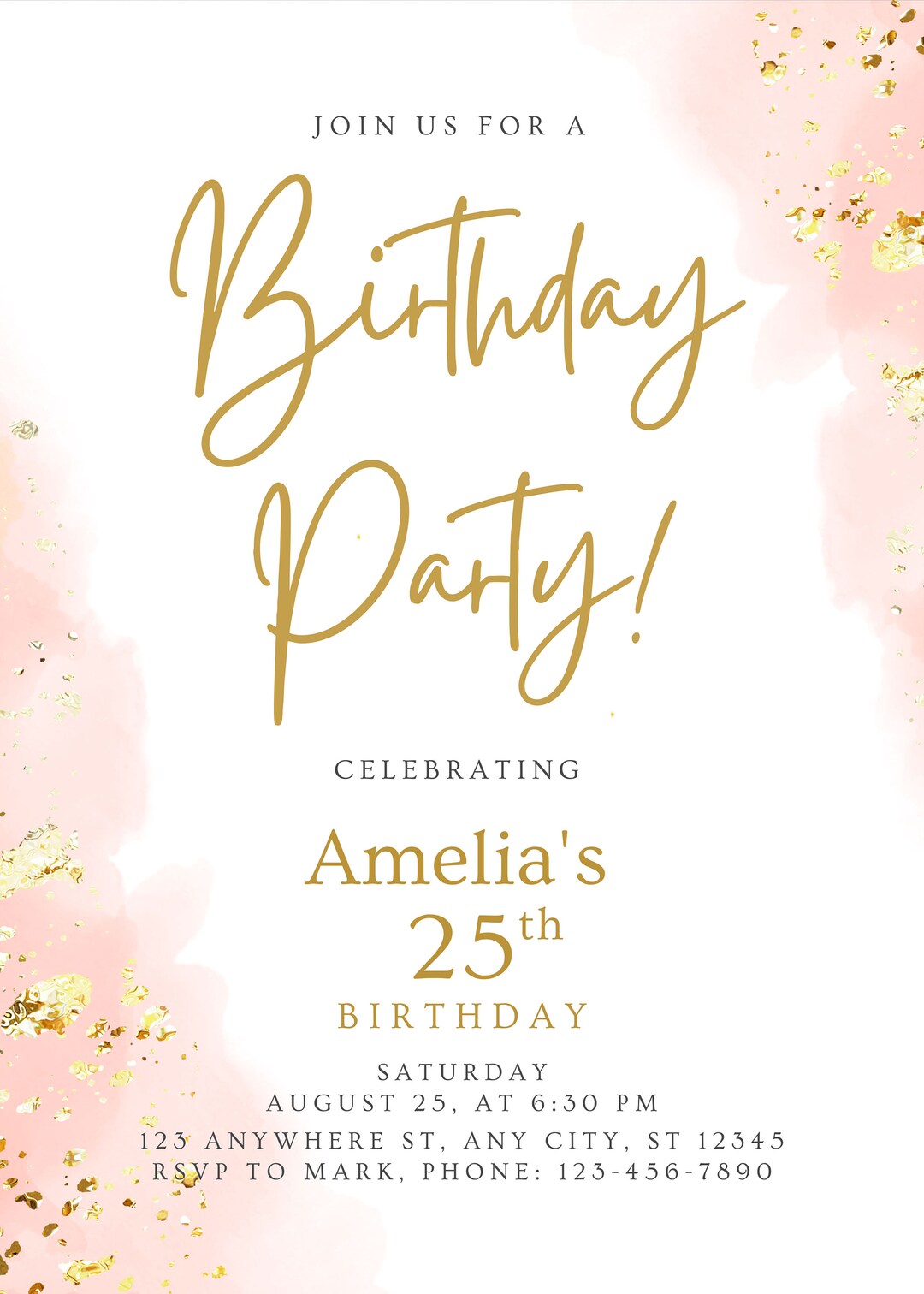 Pink Gold Trendy Birthday Invitation Printable, Editable and ...