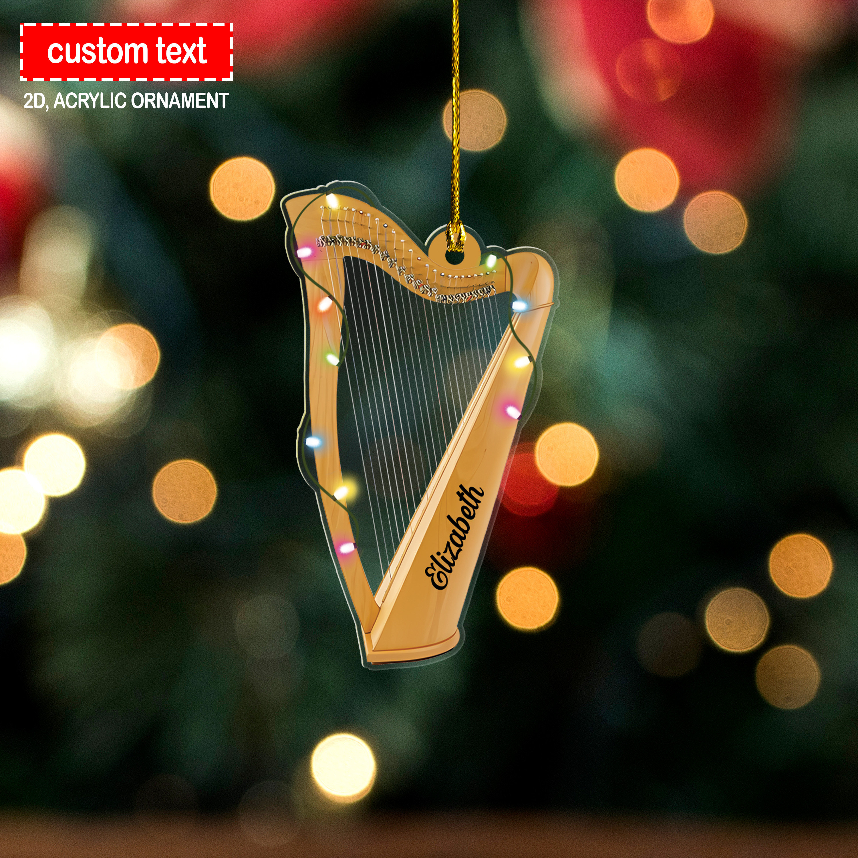 Harp Christmas Lights Ornament, Custom Harp 2D Flat Ornament, Harp ...