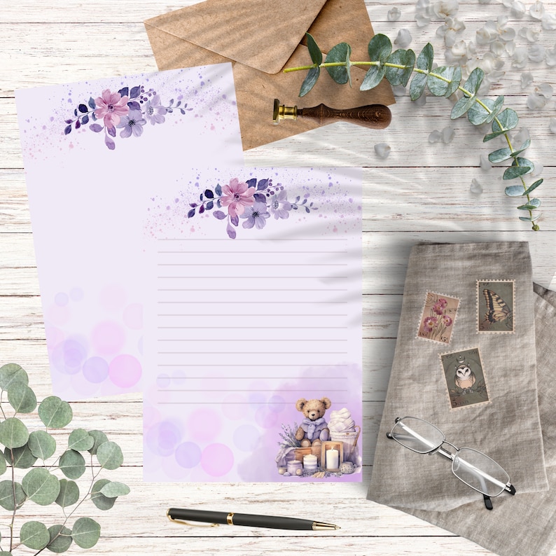 Purple Teddy Bear Stationery: Floral Writing Paper (printable Digital ...