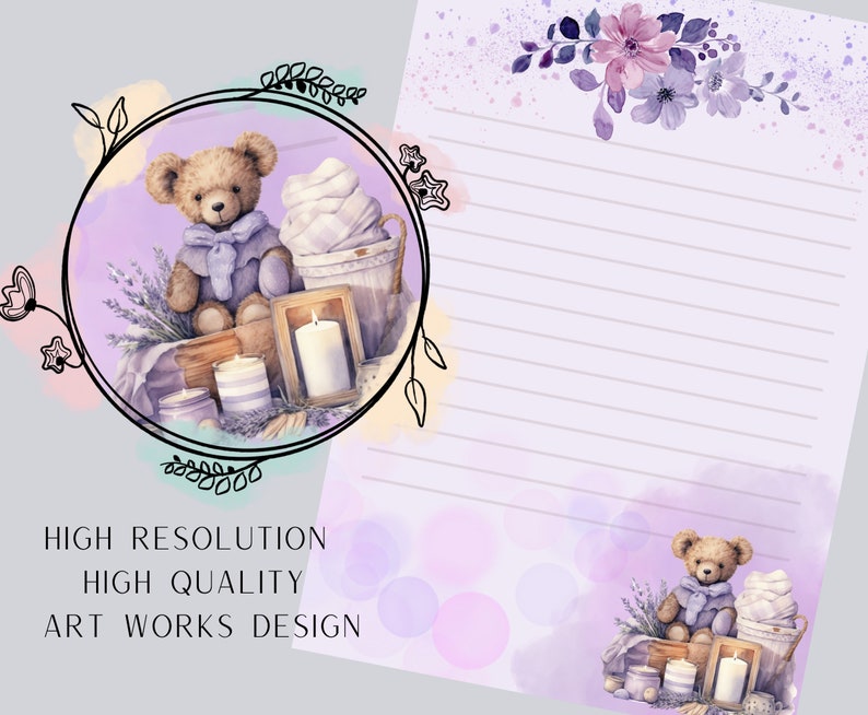 Purple Teddy Bear Stationery: Floral Writing Paper (printable Digital ...