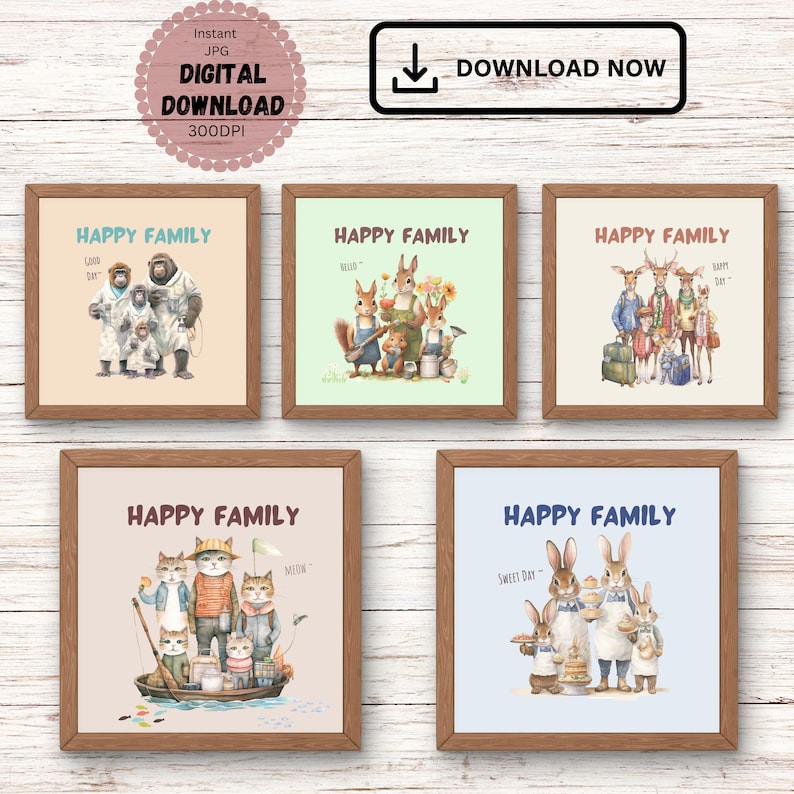Kids Happy Family Wall Art, Animal's Family, Happy Family Poster, Kids ...