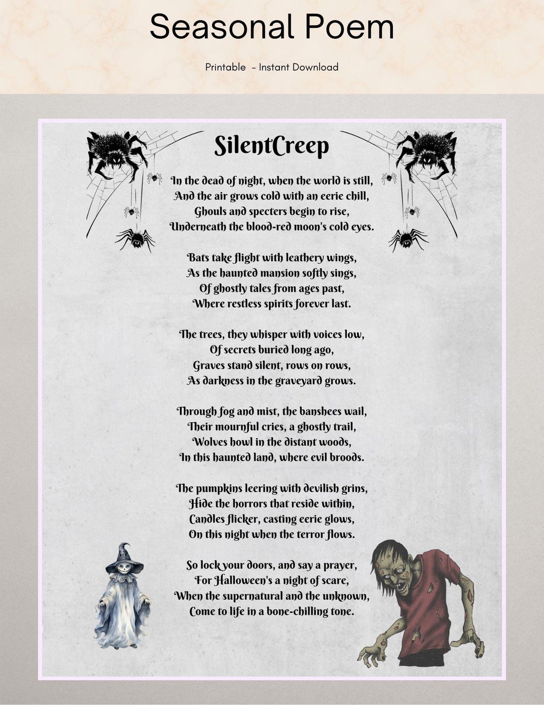 Silent Creep Scary Halloween Poem Printable 8.5 X 11 - Etsy