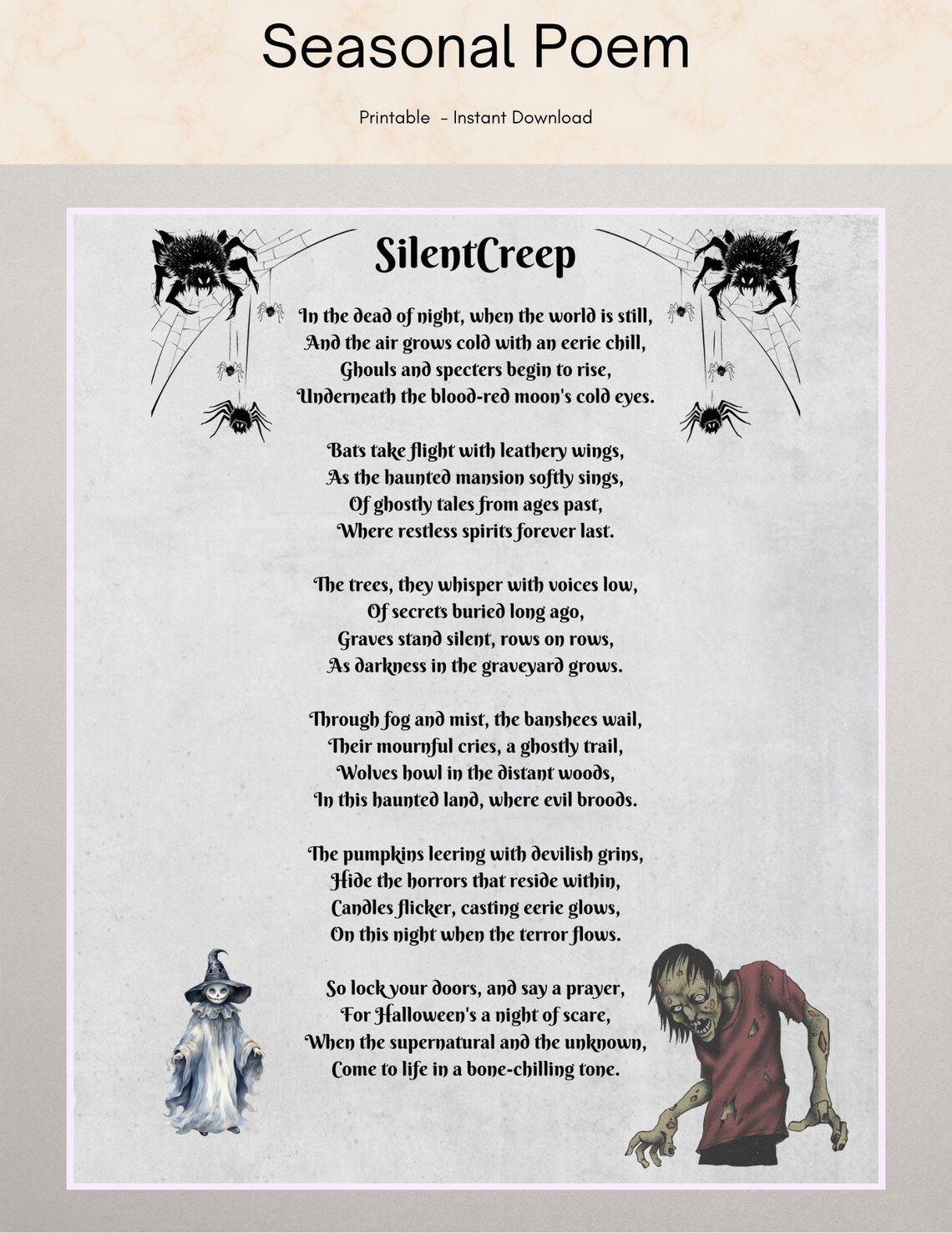 Silent Creep Scary Halloween Poem Printable 8.5 X 11 - Etsy
