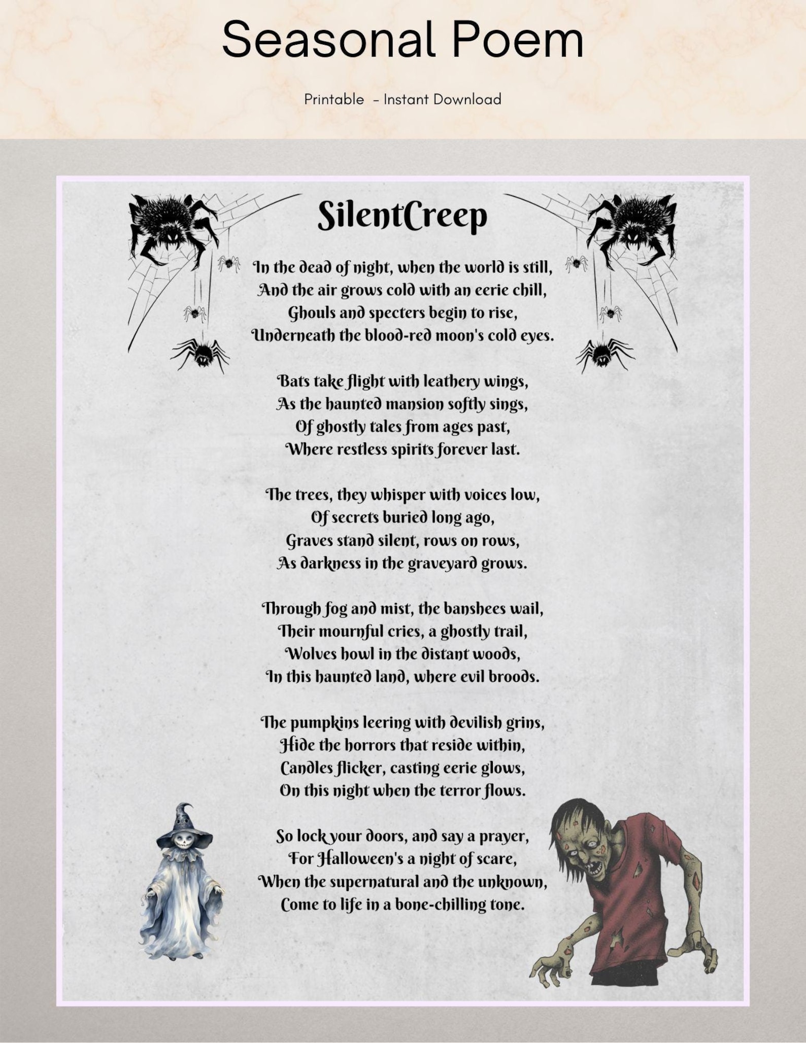Silent Creep Scary Halloween Poem Printable 8.5 X 11 - Etsy