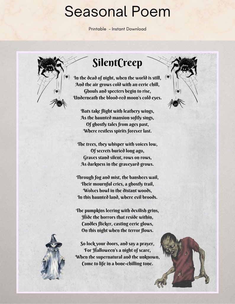 Silent Creep Scary Halloween Poem Printable 8.5 X 11 - Etsy