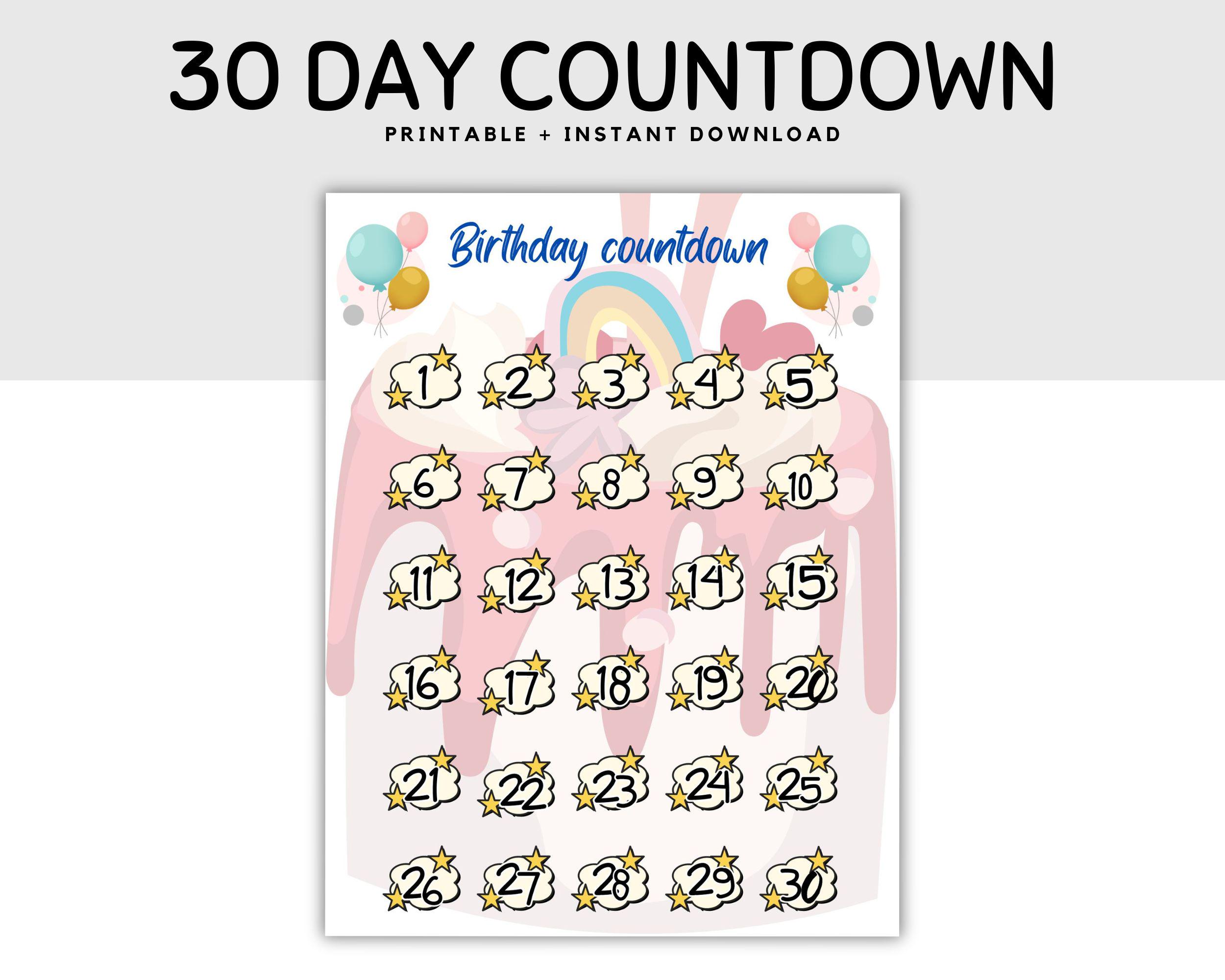 30 Day Countdown to Birthday Printable 8.5x11 & 8.5x14 Inch Options - Etsy